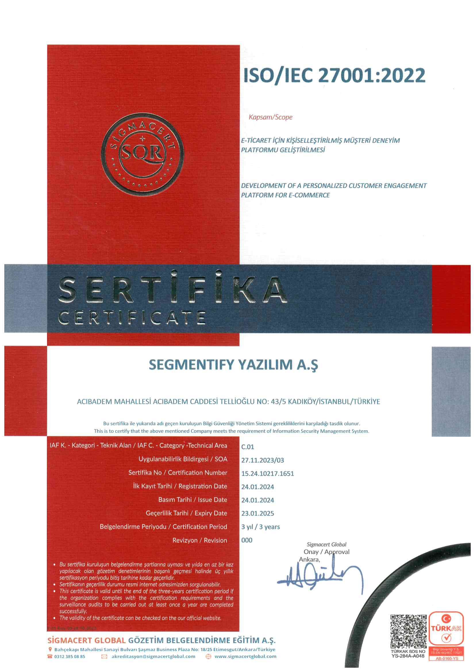 Segmentify ISO 27001: 2022 Certificate