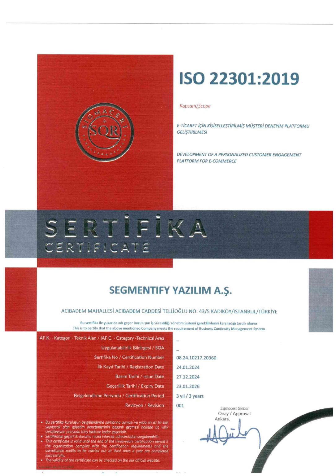 Segmentify ISO 22301 Certificate